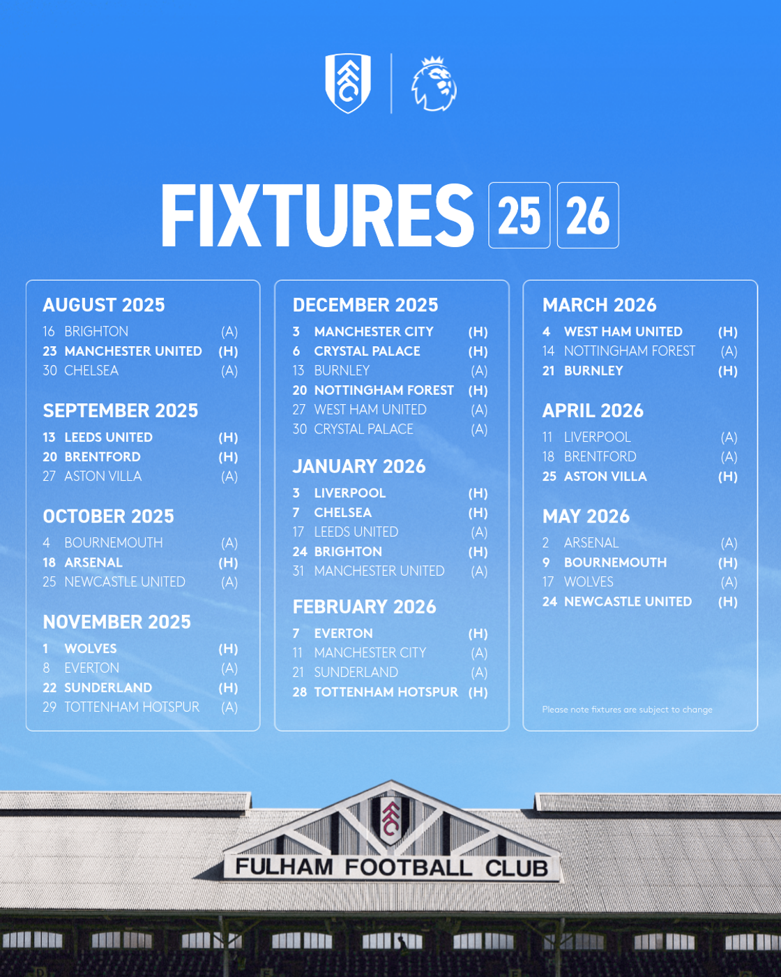 Fixture List out 18th June.